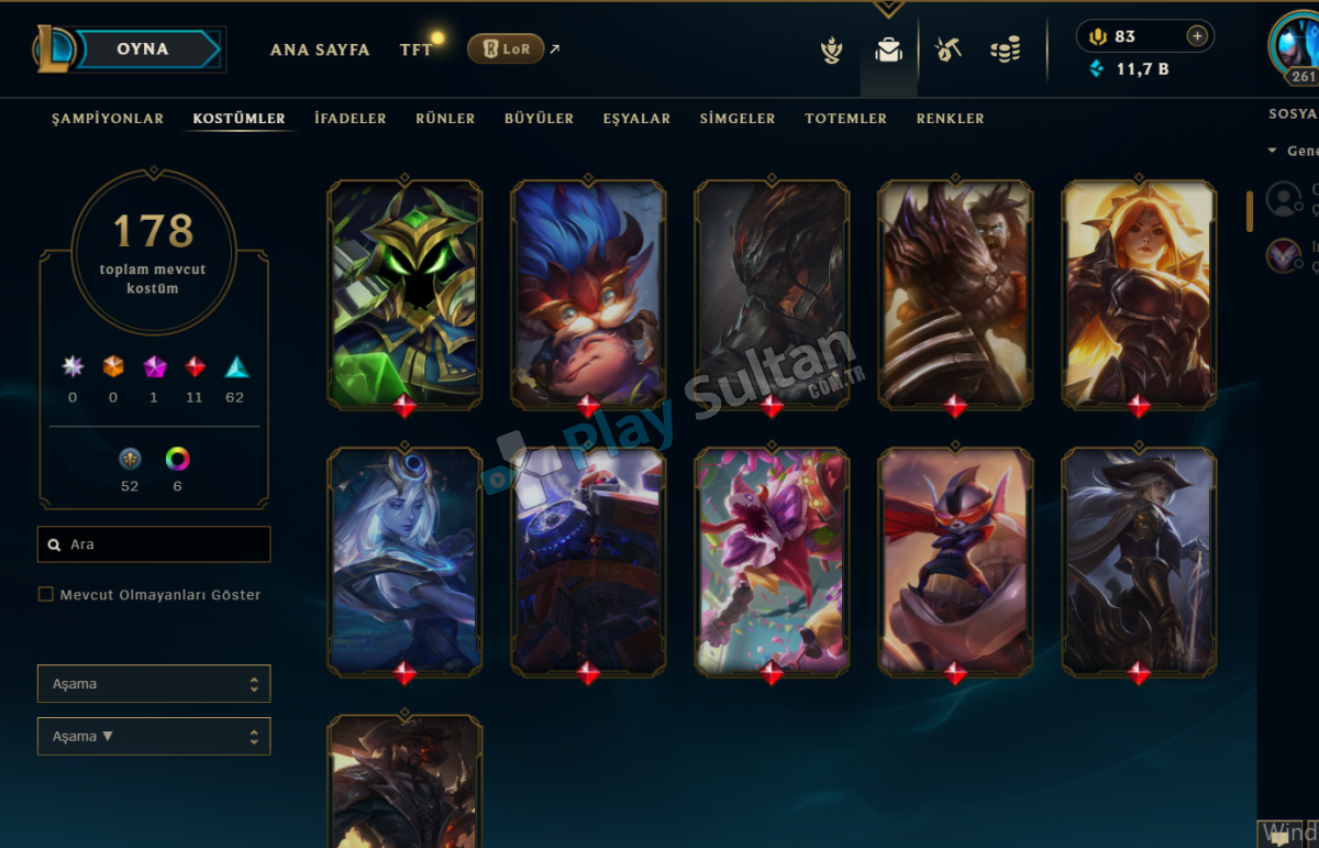 EUW LOL HESABI ELLE KASILMIŞ 261LVL 178 SKIN Satın Al ve Fiyatları